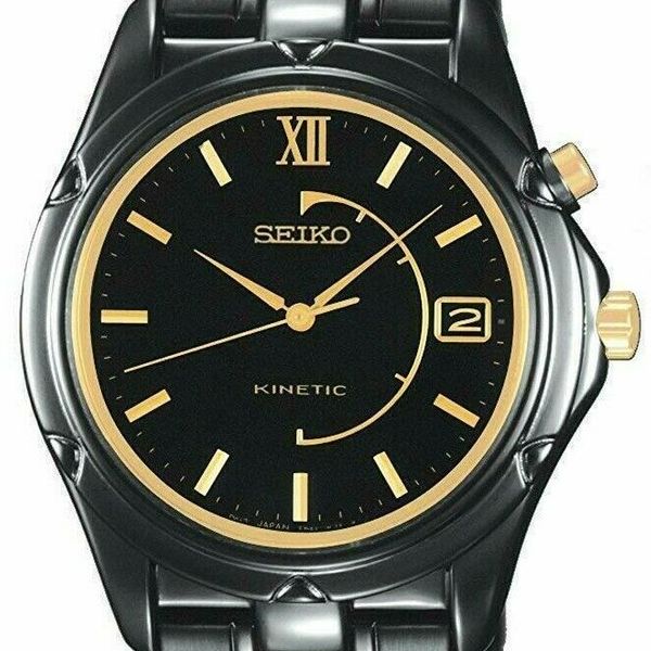 MEN'S SEIKO WATCH SKH677 Kinetic Black and Gold Stainless Steel 30M ...