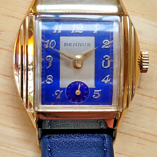 Beautiful Rare Blue Vintage Benrus Gents Mechanical Deco Gold Plated ...