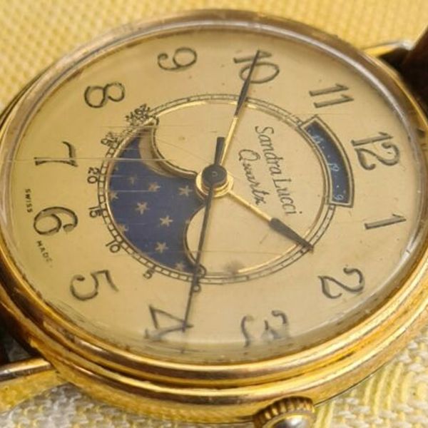 Rare swiss Sandra Lucci moon phase,1 jewels Ronda,Gold P.quartz,Hirsh ...