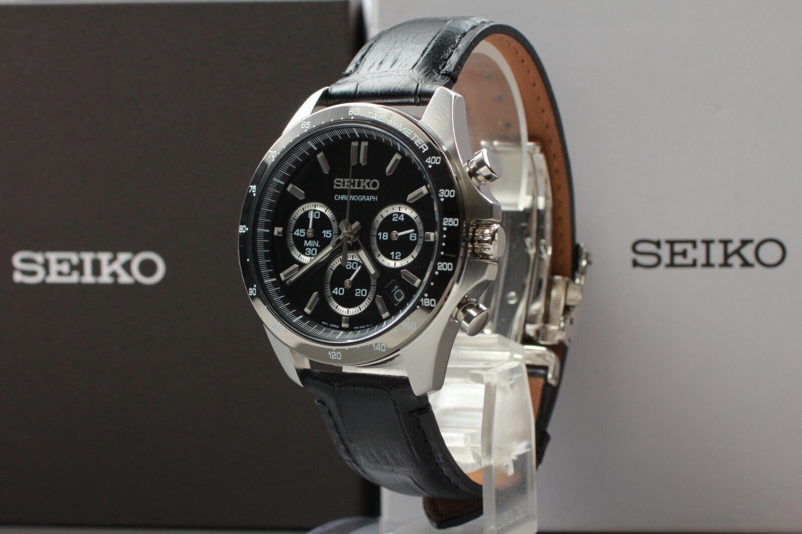 **TOP MINT w/ Box** SEIKO 8T63-00D0 Chronograph Quartz Black Leather ...