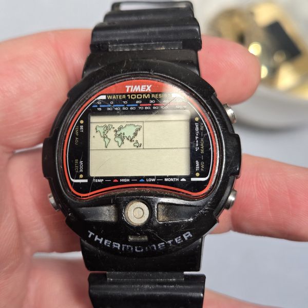 Vintage Timex World Time TS-100 Watch Black Thermometer 100M Parts ...