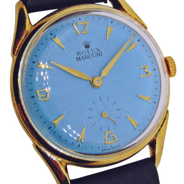 Vintage Rolex Marconi Turcoise blue dial wind up 18k gold plated case ...