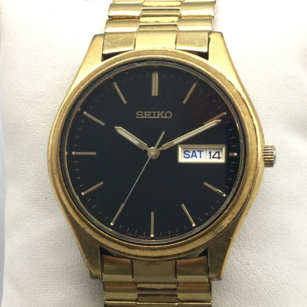 Vintage Seiko Watch Men 36mm Gold Tone Day Date 7N43-9048 Stretch New Battery | WatchCharts ...