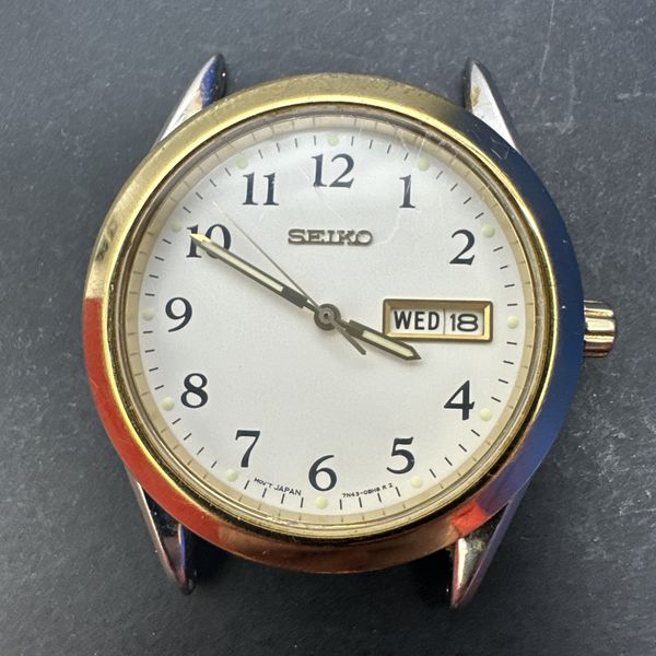 Vintage Seiko Mens Dress Watch Silver/Gold Tone 7N43-9070 New Battery | WatchCharts Marketplace