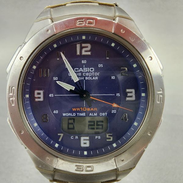 Casio Wave Ceptor Solar Watch Men 42mm Blue Dial Analog Digital Steel ...