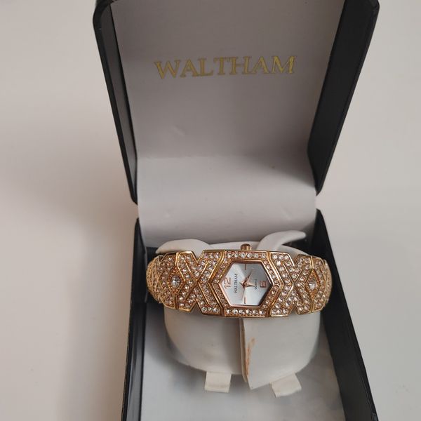 Waltham Vintage Quartz Women Watch X Pattern Gold Tone Crystal New ...