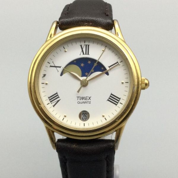 Vtg Timex Moon Phase Watch Women Gold Tone Date Leather Band 1991 New ...