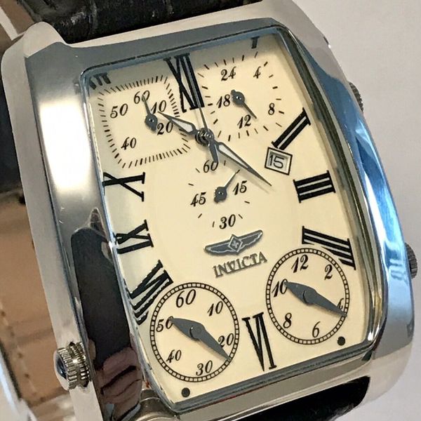 3 Time Zones Cream Dial Rectangular Black Band Quartz Invicta Mens ...