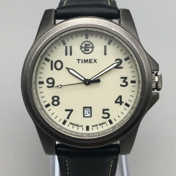 Timex Expedition Watch Men Indiglo 42mm Gunmetal Date Black Leather ...