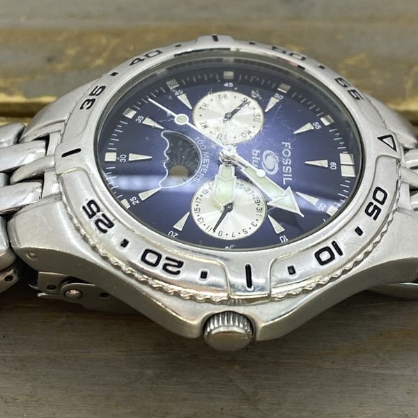 Fossil Moon Phase Watch Men 41mm Silver Tone Blue Dial Day Date Needs ...