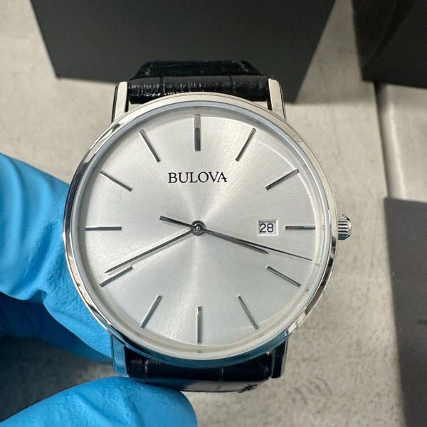 Bulova 96B104 Men's Quartz Dress Watch | Silver Dial | Black Leather ...