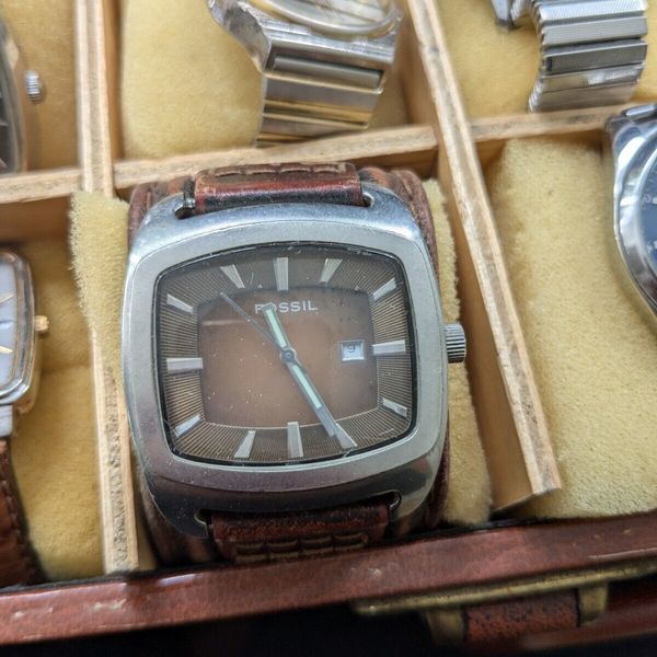 Fossil Vintage Square Men’s Watch Brown Dial Date Window Leather Strap ...