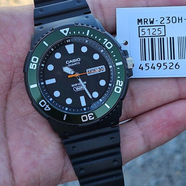 Casio MRW-230H-1E3VDF Men's Analog Dive Watch - Black/Green Bezel, 100M ...