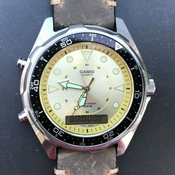 CASIO Diver AMW-320R (5153) Golden face Leather band 44mm watch - New ...