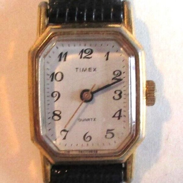 Ladies Timex Gold Toned White Dial Quartz Hexagonal Tank Watch Black ...