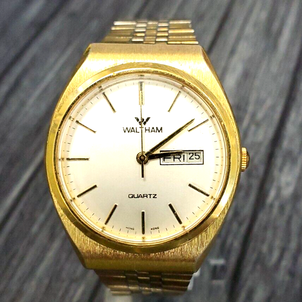 Vintage WALTHAM Watch Mens Gold Tone Stainless Steel Quartz Runs Needs ...