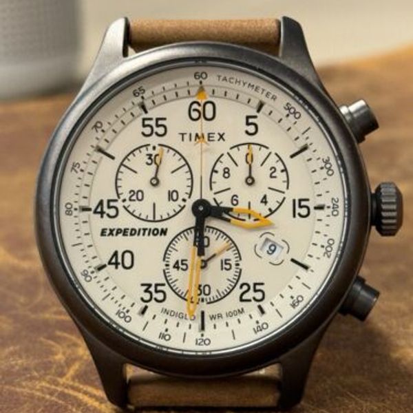 Timex, Men's "Expedition" Leather Indiglo Watch, Chronograph, Date ...