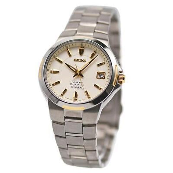 SEIKO KINETIC AUTO RELAY 5J32-0AC0 Auto Quartz Ivory Dial Titanium Mens ...