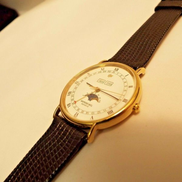 RAYMOND WEIL 5483-2 MOON PHASE 18K Gold Plated Triple Calendar ...