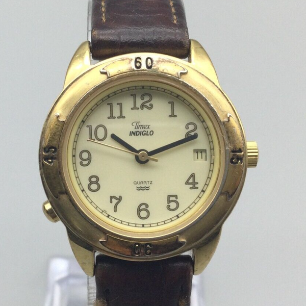 Vintage Timex Watch Women Gold Tone 29mm Date 1995 Indiglo Leather New ...