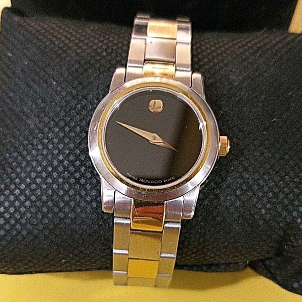 Vintage Womenâ s Movado Black Faced Two-Tone Steel Band Watch Running ...