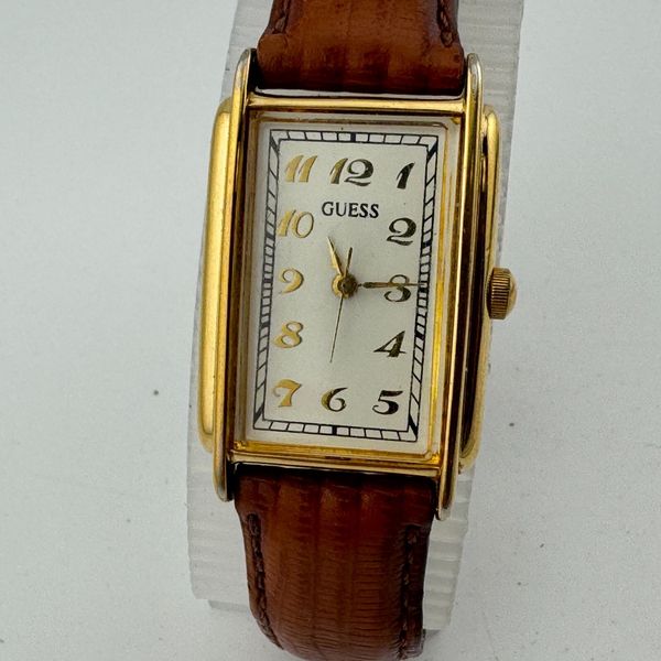 Vintage Guess Quartz Watch Women Gold Tone Curved Rectangle Analog New ...