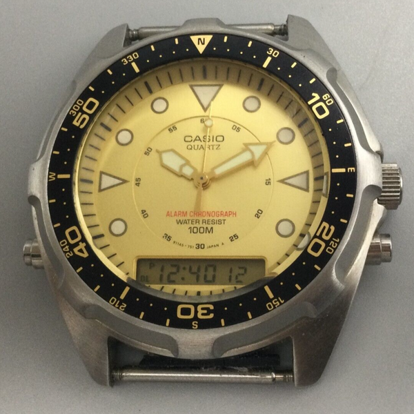 Vintage Casio Arnie Watch Men Black Silver Gold Tone Round Dial 46mm ...