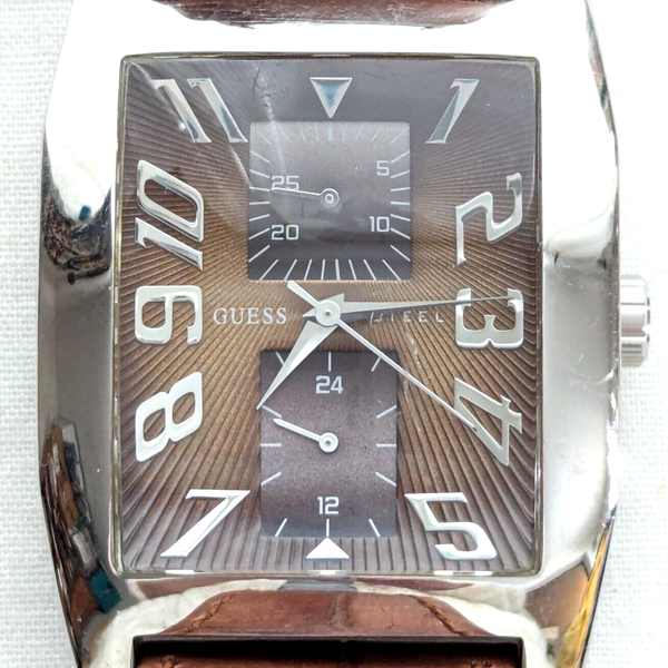 Guess Steel Men's Tank Watch Brown Leather Band Water Resistant 6-8 ...