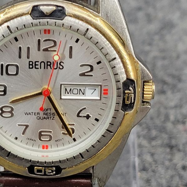 Benrus Watch Men 41mm Silver/gold Tone Day Date Brown Leather Band New ...