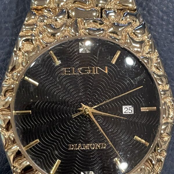 Vintage Elgin Watch Women Gold Tone Nugget Band Black Dial for Parts Or ...
