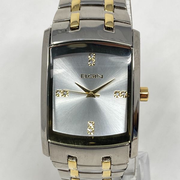 Elgin Watch Men 33mm Silver Gold Two Tone Tank Stainless New Battery 8. ...