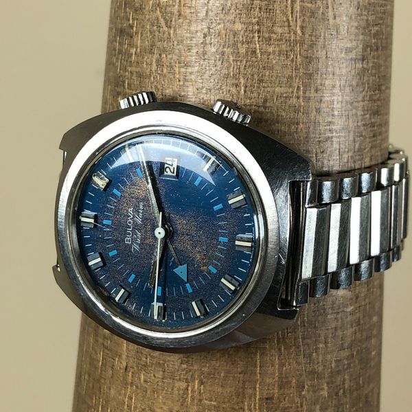 Vintage Bulova Men Wrist Alarm Blue Dial Date Mechanical Wind Analog ...