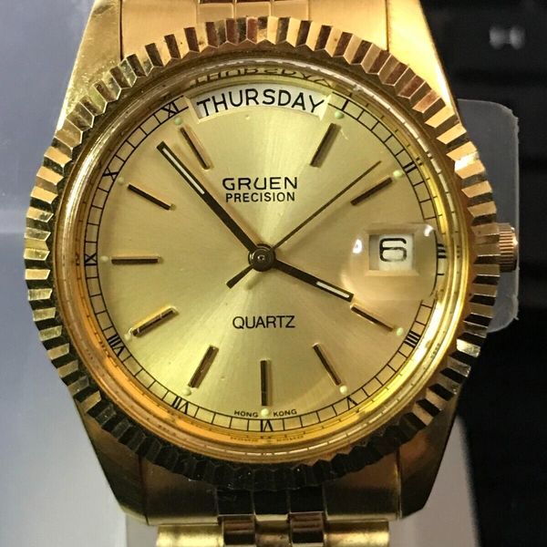 Gruen 36mm Gold Plated President Day/Date Quartz Men's Watch, RUN ...