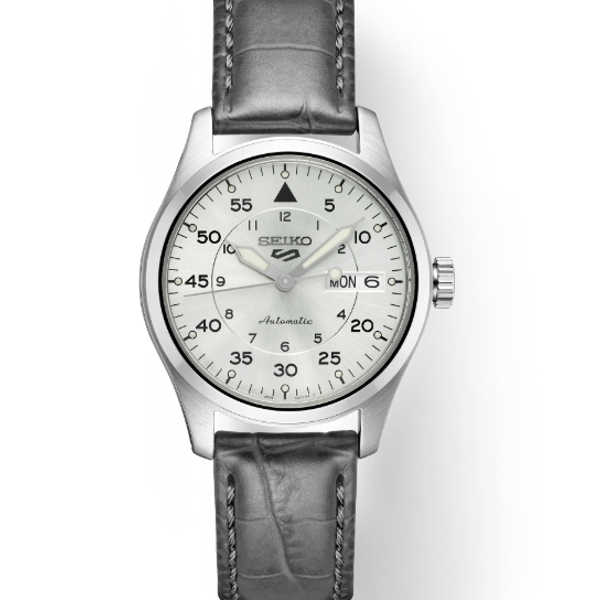 Seiko 5 Sports Silver Dial Dark Gray leather Strap Automatic Men's ...