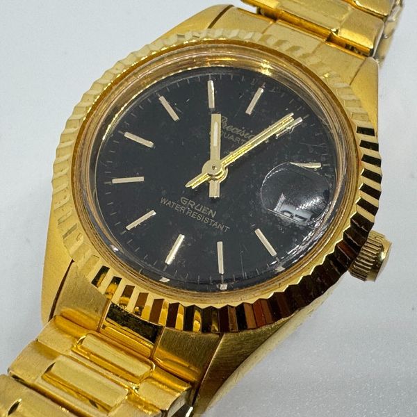 VTG Gruen Precision Quartz Watch Women Gold one Fluted Bezel Date New ...