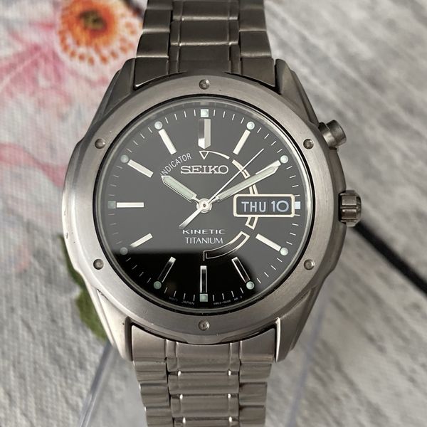 Seiko Watch Kinetic Titanium 5M63 Mens Vintage Black Dial 37mm Case ...