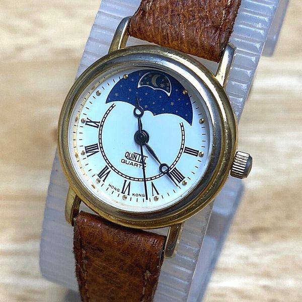 VTG Quintel Lady Gold Tone Moon Phase Leather Analog Quartz Watch~Date ...