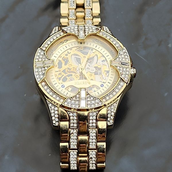 Elgin TY2807 Automatic Skeleton Men's Watch Gold Tone Iced Crystal ...