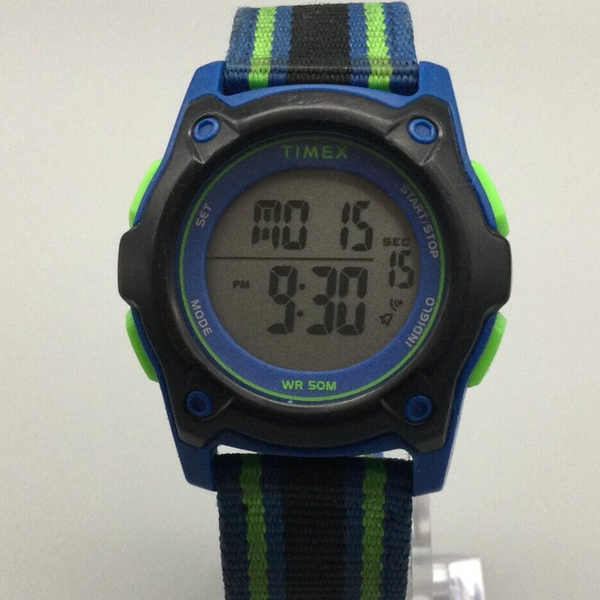 Timex Digital Watch Kids Youth Black Blue Day Date Nylon Band Timer 50M ...