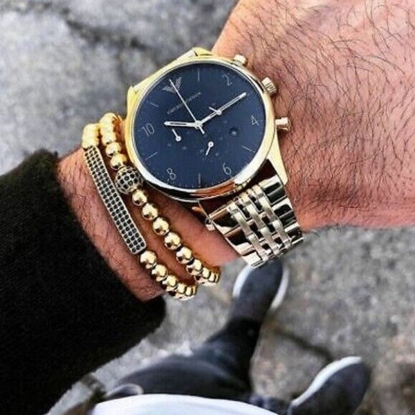 new EMPORIO ARMANI MENS WATCH YELLOW GOLD BRACELET & BLACK DIAL GENUINE ...