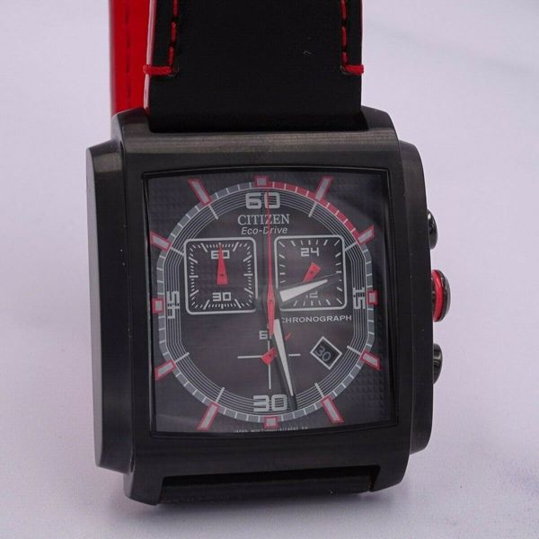 Citizen Eco-Drive Black Red Chronograph Square Men's Watch With Leather ...