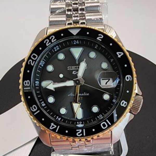 Seiko 5 Sports SSK021K1 Charcoal Grey GMT Automatic Watch Gold Bezel ...