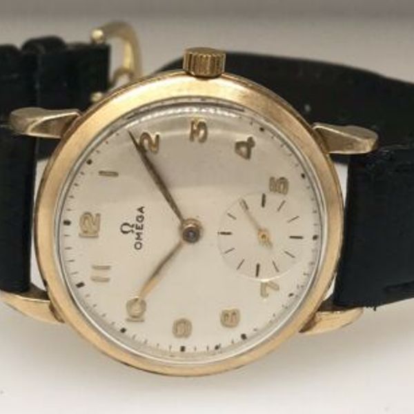 Omega 10k Gold Filled Mechanical Black Leather Strap Watch ...