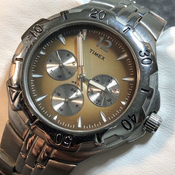 Timex Men’s Stainless Watch Silver Tone Day/Date Rotating Bezel WR50M ...
