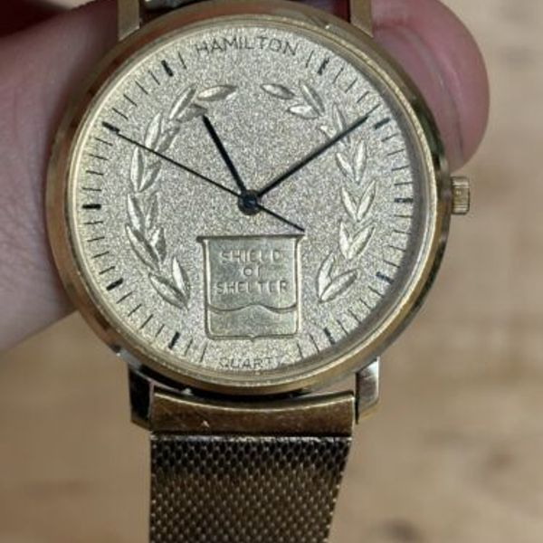 Vintage Hamilton Quartz 8100 Gold Tone Watch Shield Of Shelter FREE ...