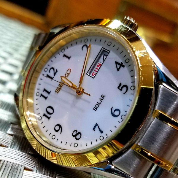 Brilliant Two-Toned Seiko Solar Men's Watch, V158 Movement, with Day ...