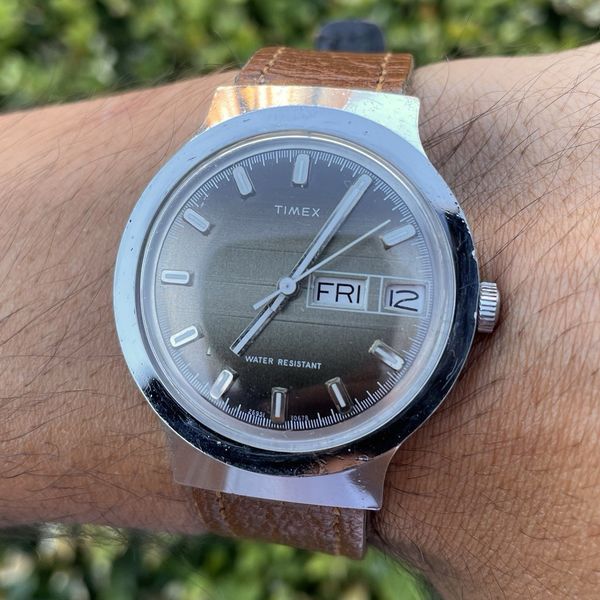 Vintage 1970s Timex Marlin Day Date Watch Greige Dial Manual Wind ...