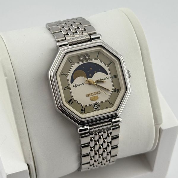 Seiko 5 Moon Phase Automatic 6347-5010 Watch 23 Jewels Octagonal Japan ...