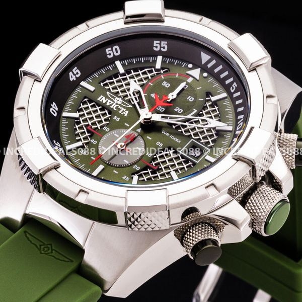Invicta Men AVIATOR CHRONOGRAPH Silver GREEN Dial Strap MILITARY Style ...