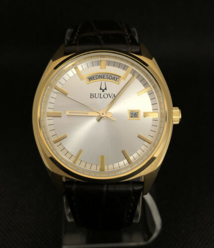 Bulova Men's Quartz Day-Date Calendar Gold Tone Leather Band 39 mm ...